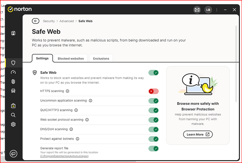 HTTPS scanning (under safe web) blocking a safe web page. - Norton ...
